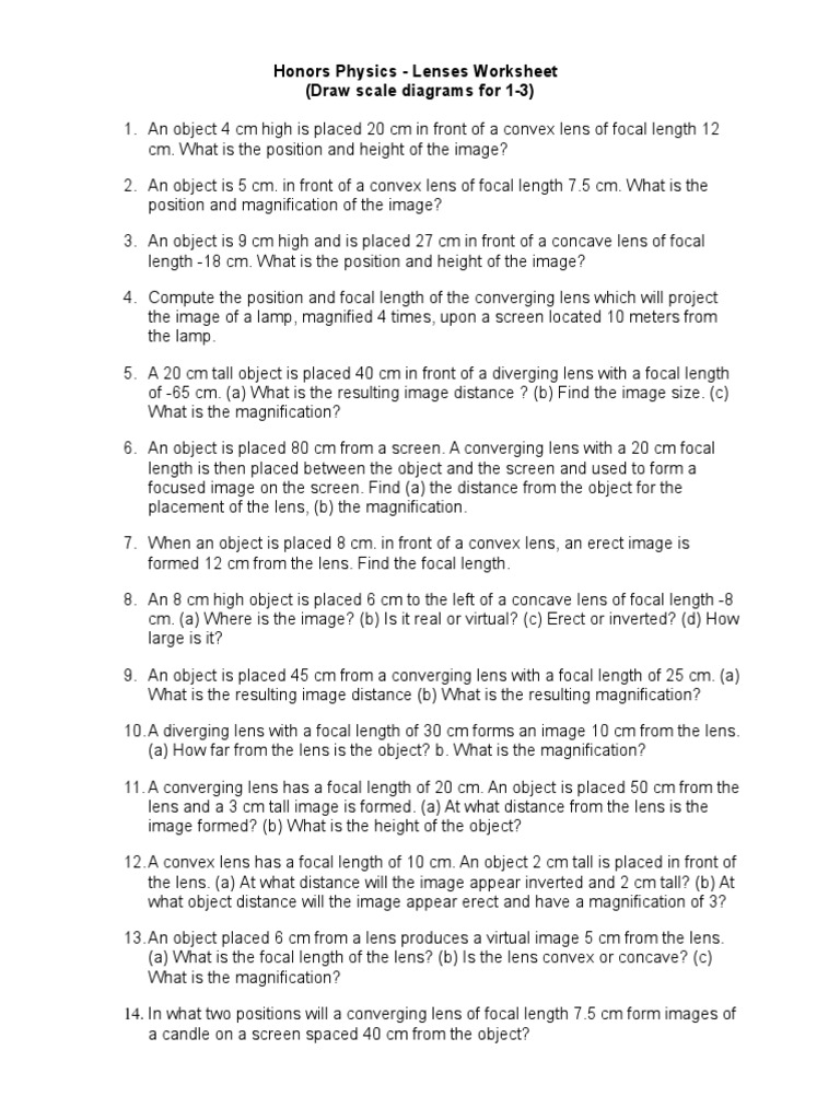 Honors Physics Lenses Worksheet | PDF