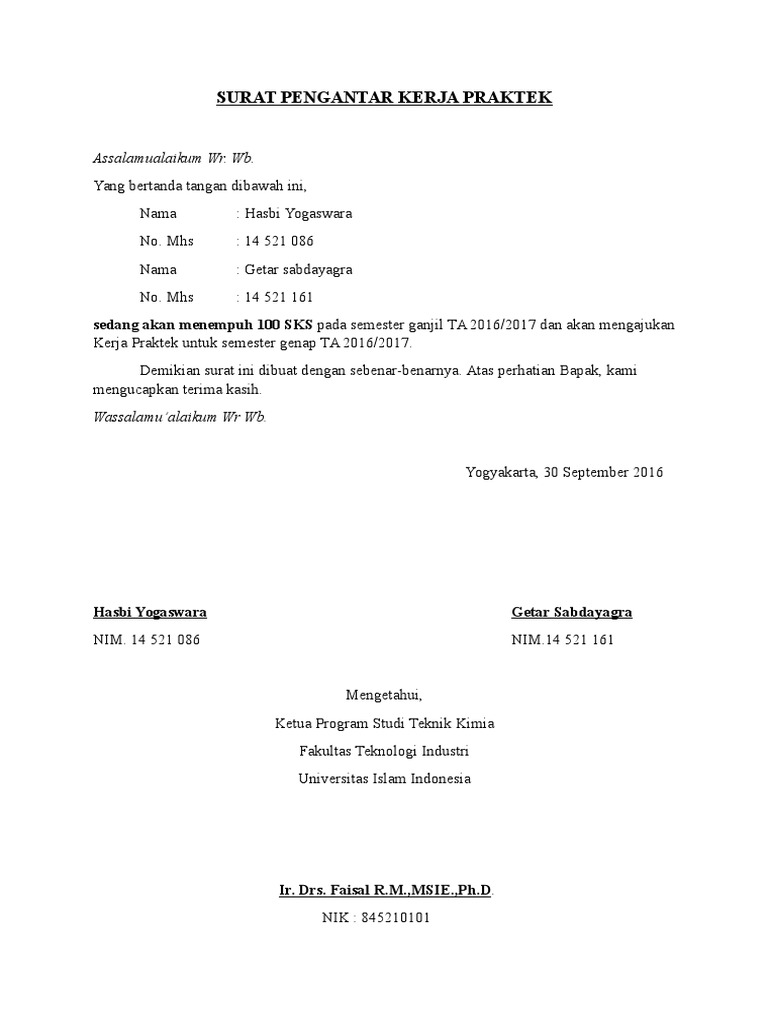Surat Pengantar Kerja Praktek | PDF