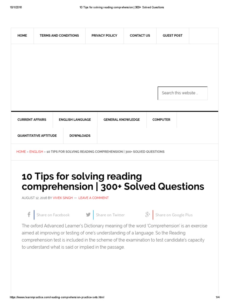 10 Tips For Solving Reading Comprehension - 300+ Solved Questions PDF | PDF