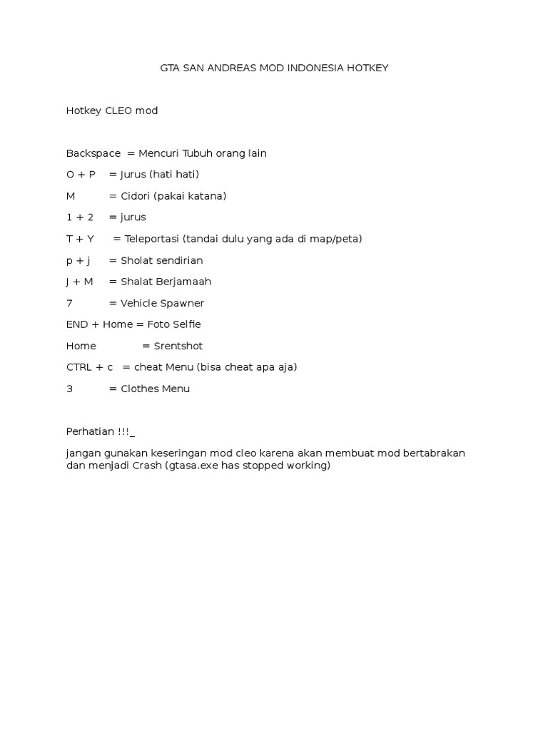 Gta San Andreas Mod Indonesia Hotkey | PDF