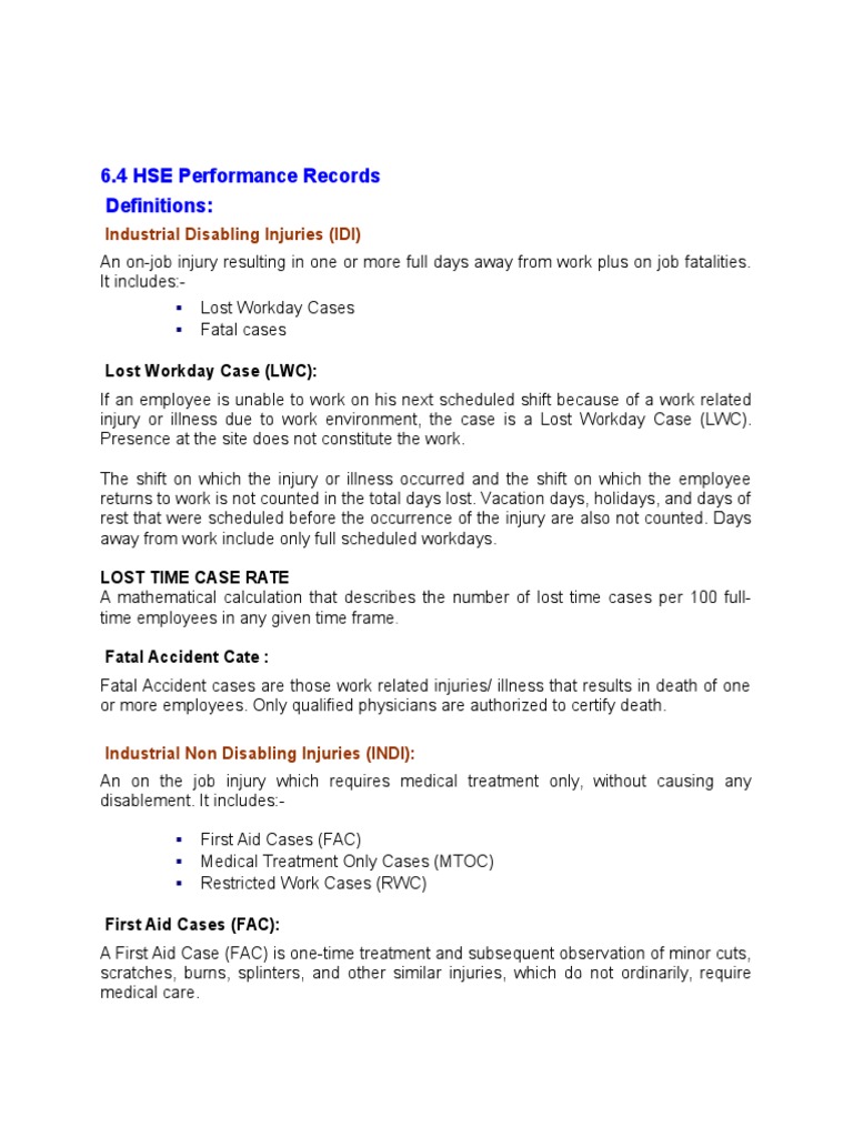 The definition of HSE Performance Records | First Aid | Pharmaceutical Drug