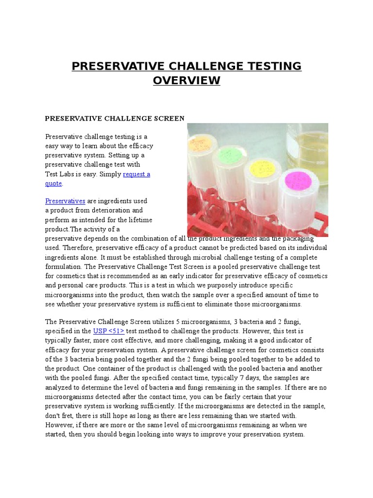 Preservative Challenge Testing Overview | PDF | Cosmetics | Antimicrobial