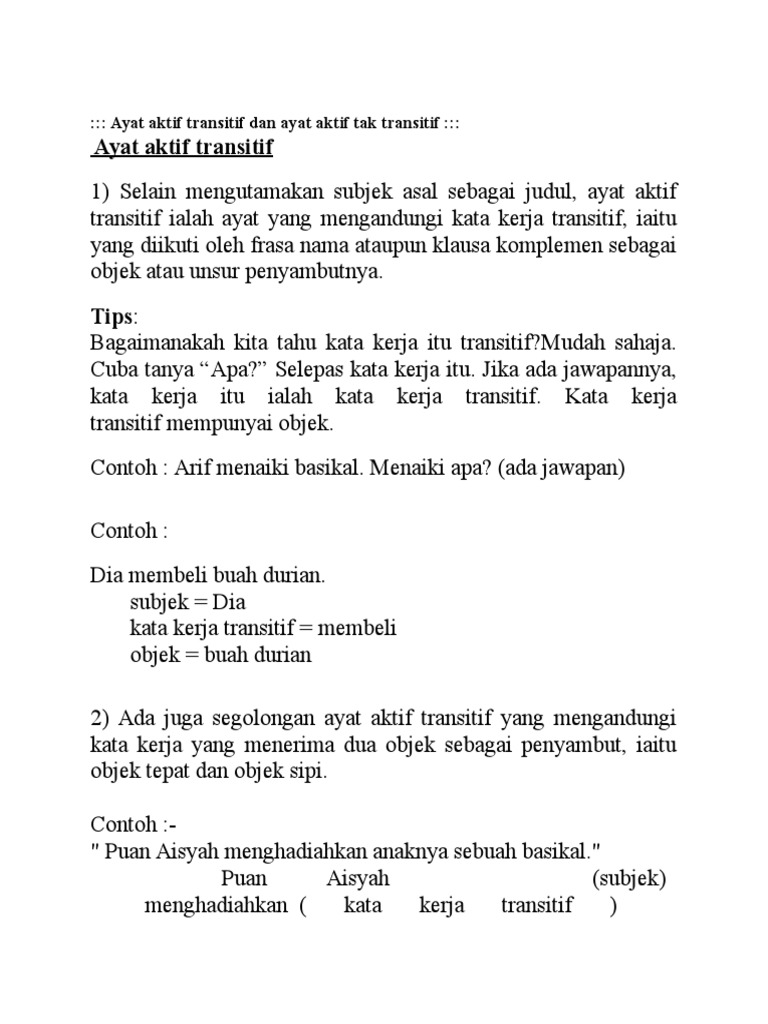 Ayat Aktif Transitif Dan Ayat Aktif Tak Transitif | PDF