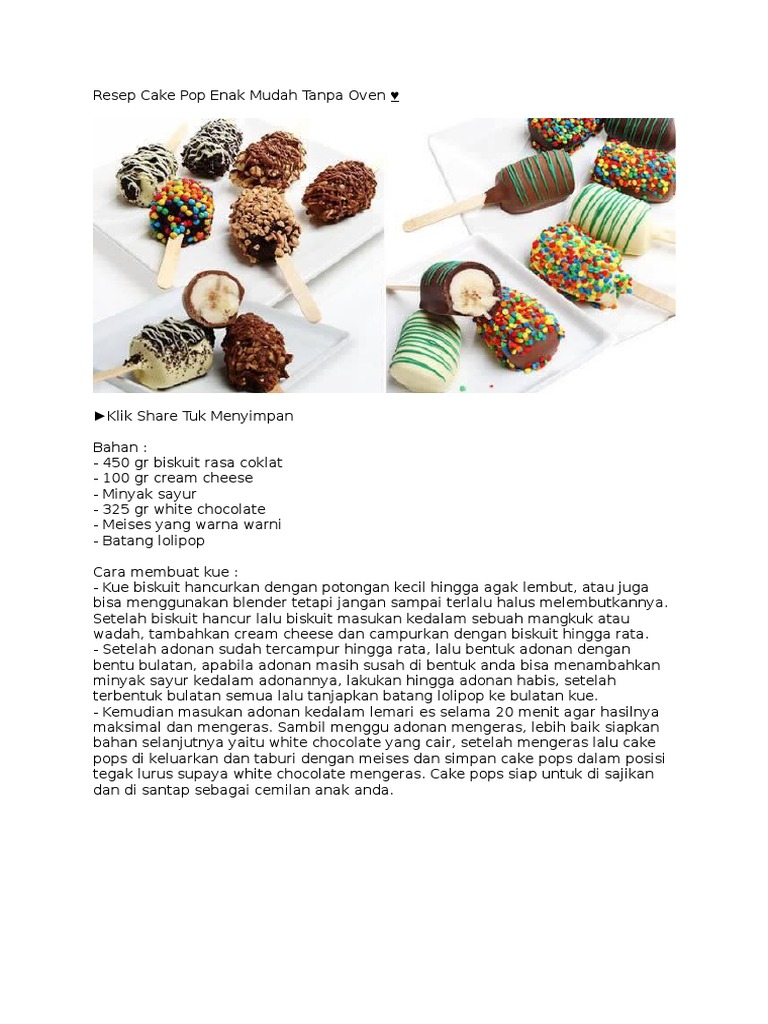 Resep Cake Pop Enak Mudah Tanpa Oven | PDF | Memasak, Makanan, & Anggur