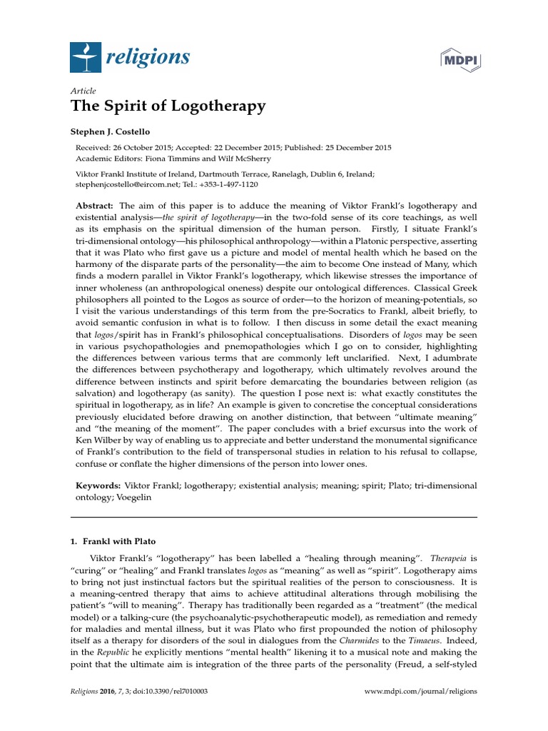 The Spirit of Logotherapy: Stephen J. Costello | PDF