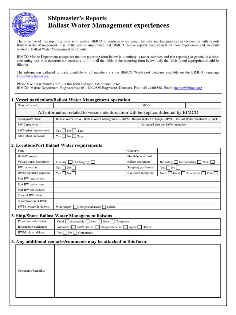 Ballast Water Management Reporting Form | PDF | Business | Technology & Engineering