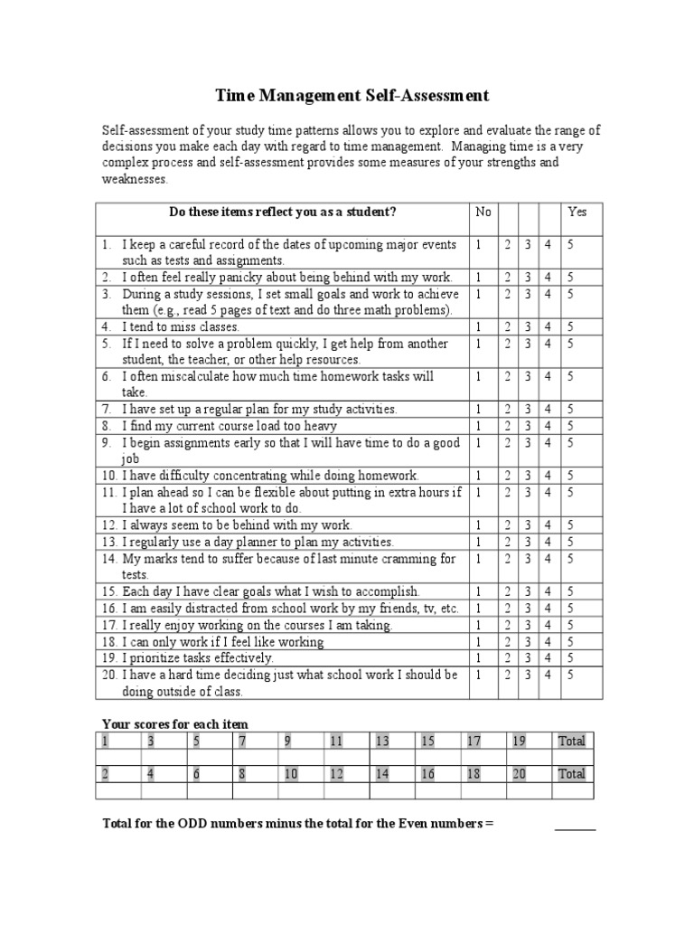 Time Management Self Assessment | PDF | Homework | Quality Of Life