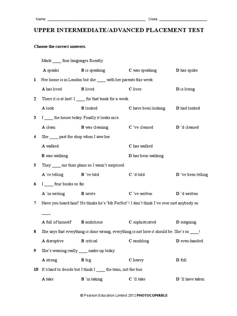 Upper Intermediate/Advanced Placement Test: Mark - Four Languages ...