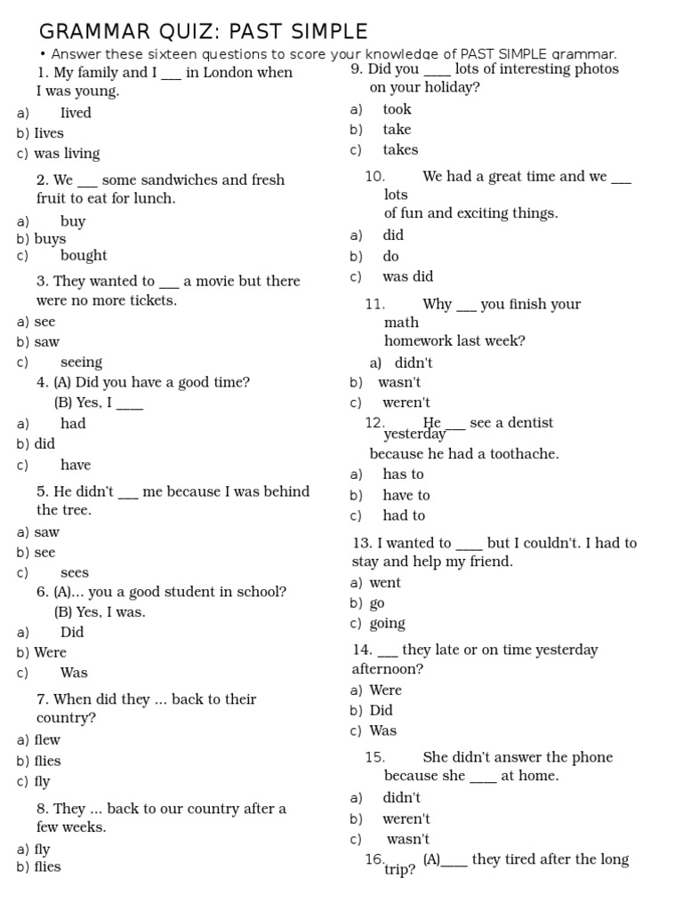 Grammar Quiz: Past Simple | PDF