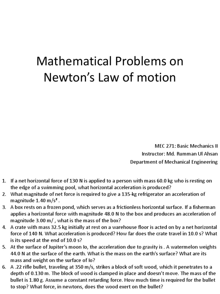 Mathematical Problems On Newton's Law of Motion | PDF | Force | Mass