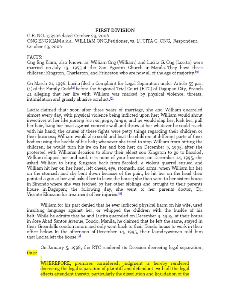 Ong Vs Ong - Legal Separation - Case Digest | PDF | Witness | Question ...