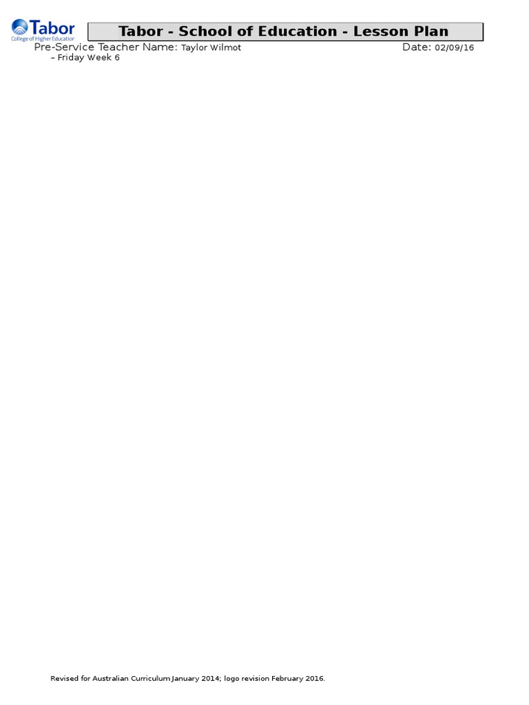 Tabor - School of Education - Lesson Plan: Pre-Service Teacher Name ...