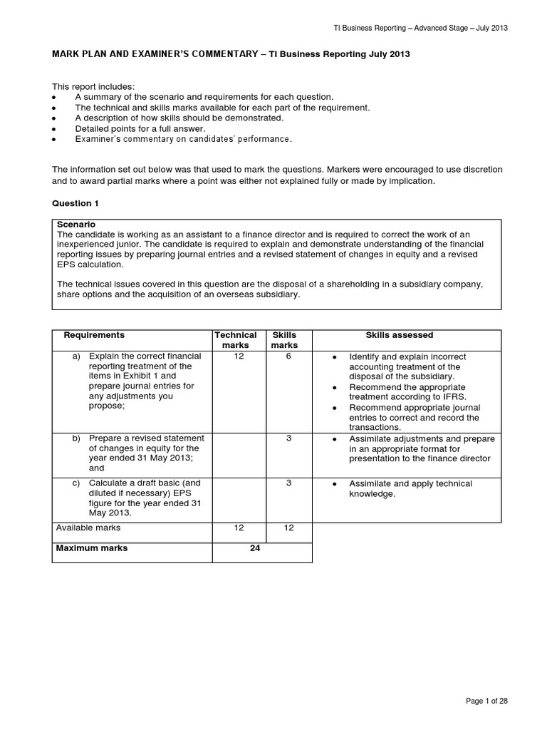 Business Reporting July 2013 Marks Plan1 | PDF | Goodwill (Accounting ...