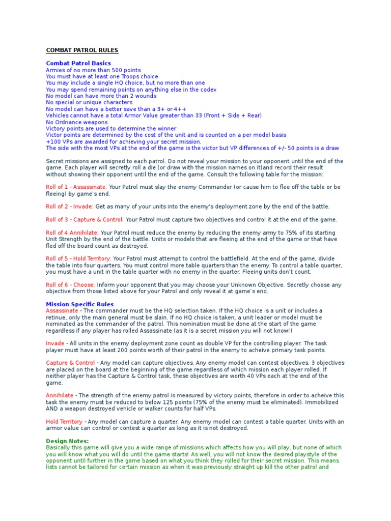 Combat Patrol Rules | PDF | Warfare | Military Science
