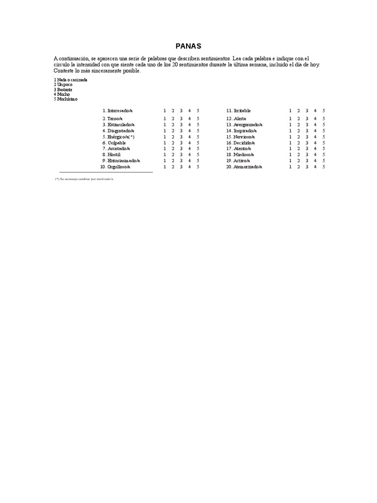Cuestionario Panas | PDF