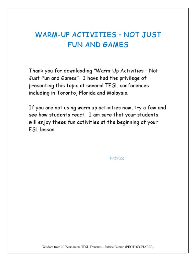Top ESL Warm-Up Activities Guide | PDF | Classroom | English As A ...