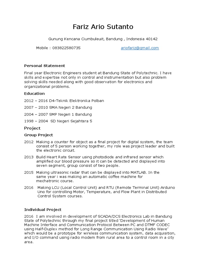 Curriculum Vitae - Fariz Ario Sutanto PDF | PDF | Electronics | Electrical Engineering