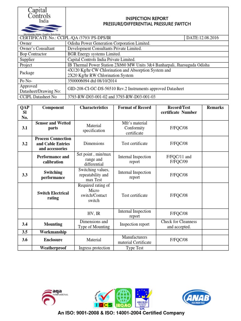 Pressure Switch Inspection Report | PDF | Pump | Valve