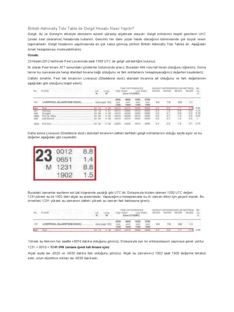 British Admiralty Tide Table Ile Gelgit Hesabı Nasıl Yapılır | PDF