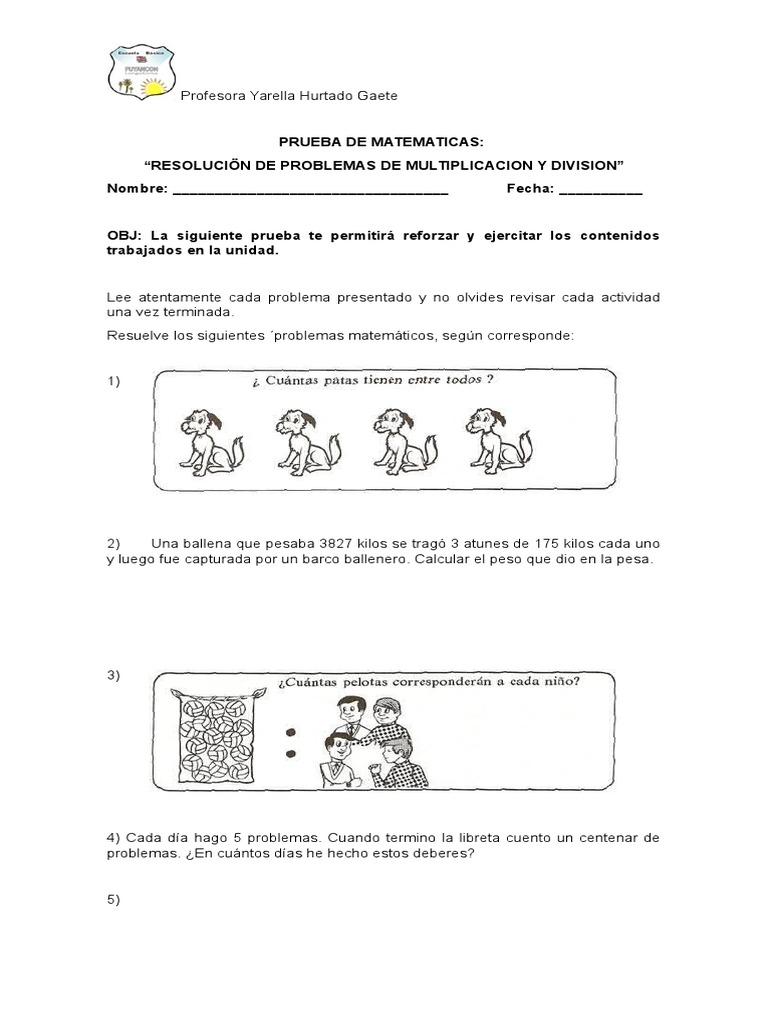 Prueba de Multiplicaciones y Divisiones Solución de Problemas | PDF