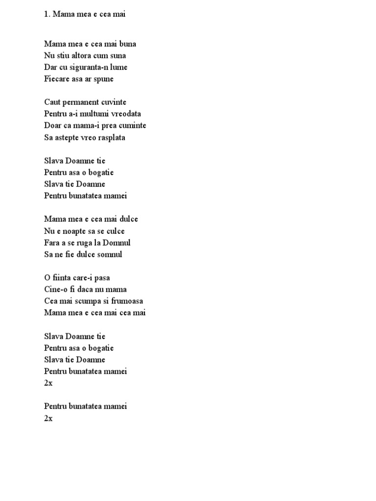 Versuri Cantece Ziua Mamei 2016 | PDF