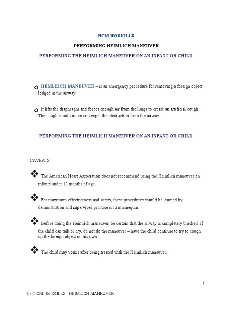 NCM 106 Skills - Handout - Heimlich Maneuver | PDF | Medical ...