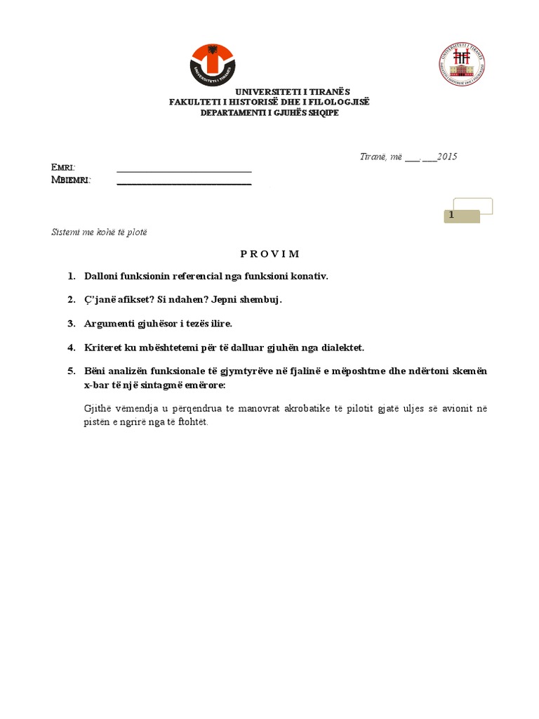 Tezë Provimi Gjuhë Shqipe | PDF