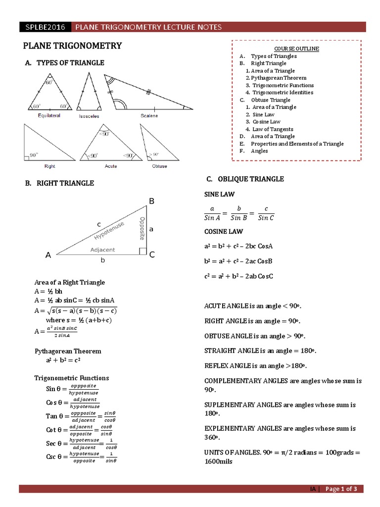 Trigonometry Lecture Notes Pdf Trigonometric Functions Triangle