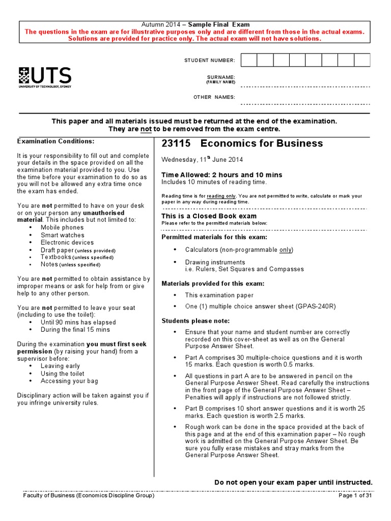 Sample Final Exam - Aut 2014 | PDF | Inflation | Economic Equilibrium