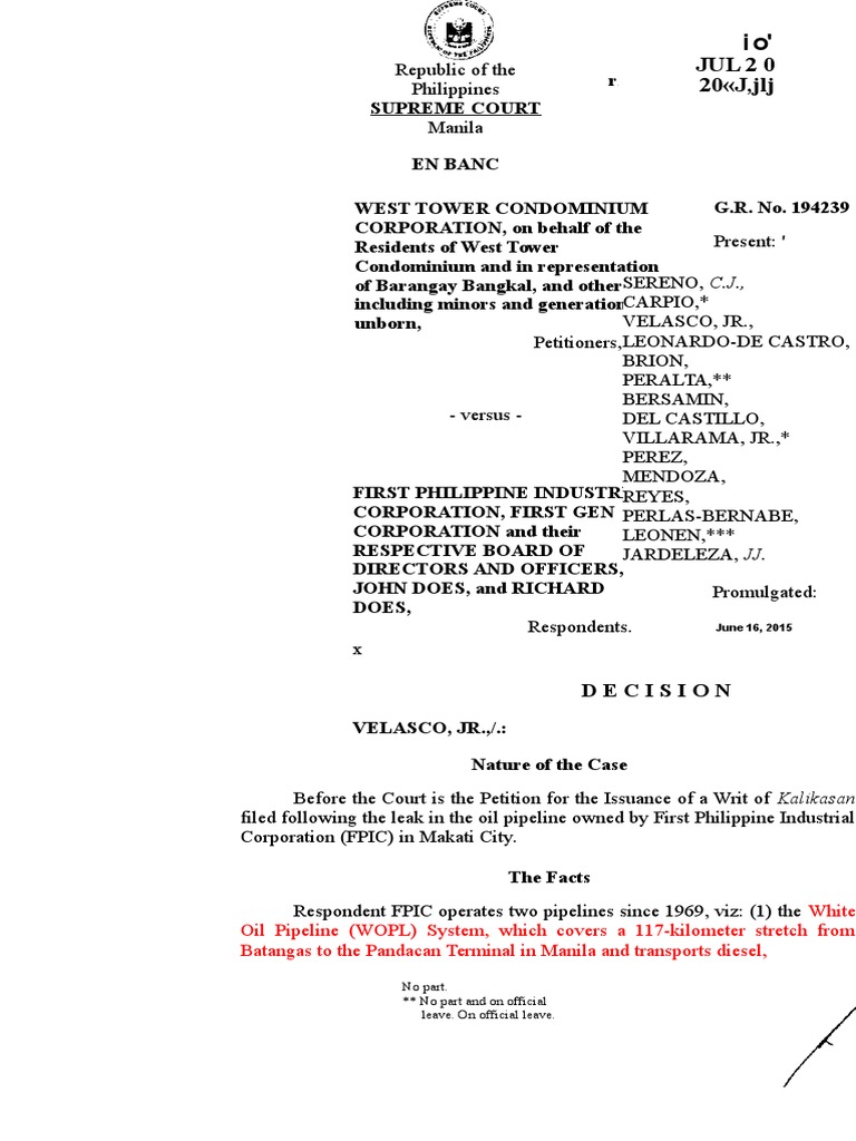 Writ of Kalikasan: West Tower Leak Case | PDF | Pipeline Transport ...