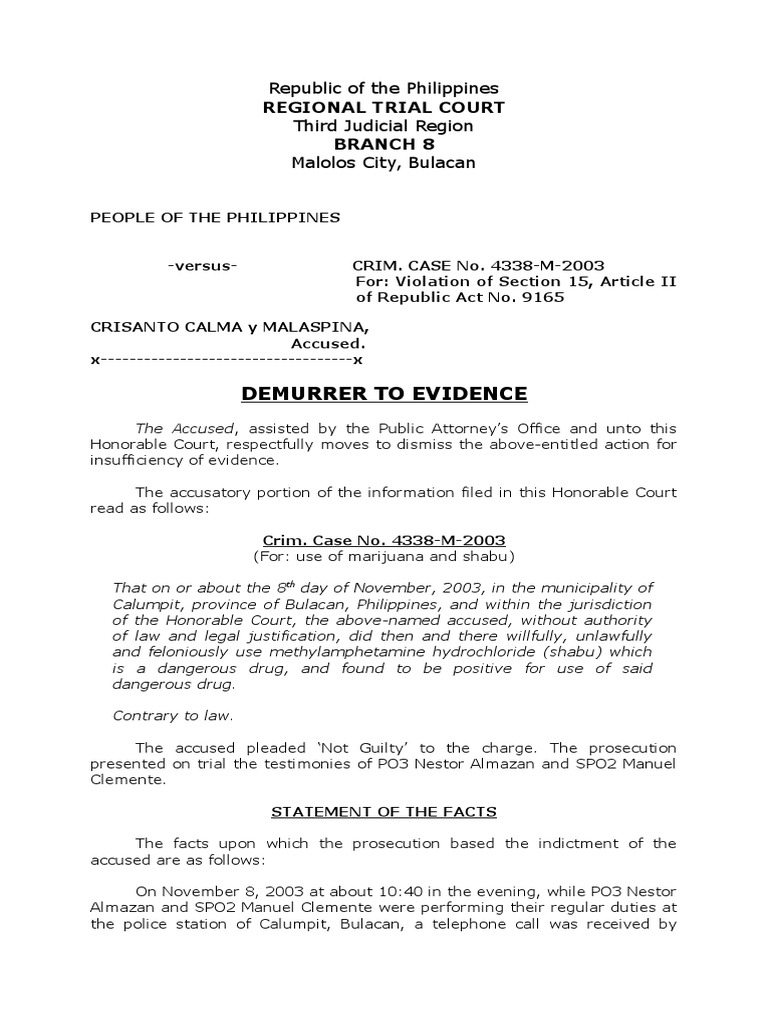 Demurrer To Evidence | PDF | Demurrer | Reasonable Suspicion