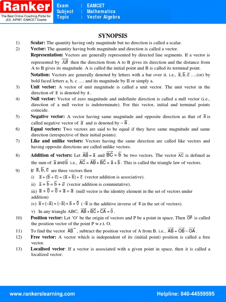 Vector Synopsis | PDF | Euclidean Vector | Plane (Geometry)