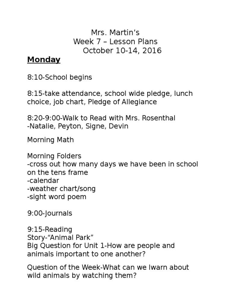 Week 7 Lesson Plans for Mrs. Martin | PDF