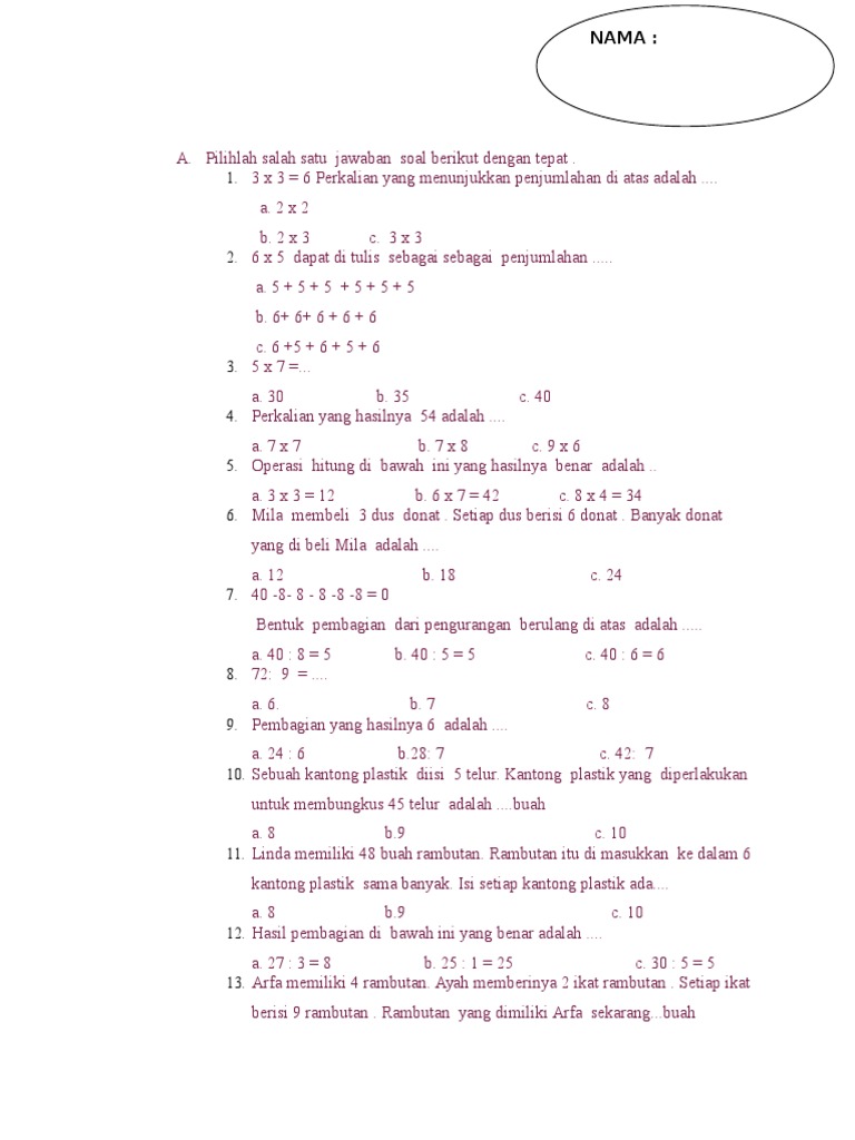 Soal Perkalian dan Pembagian Kelas 3 SD | PDF