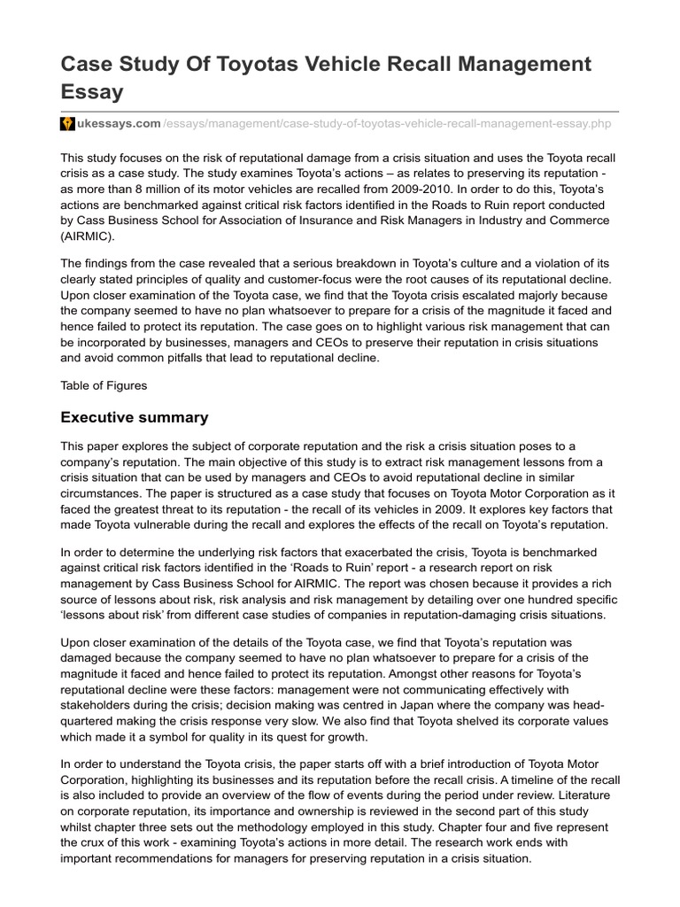 Case Study of Toyotas Vehicle Recall Management Essay | PDF ...