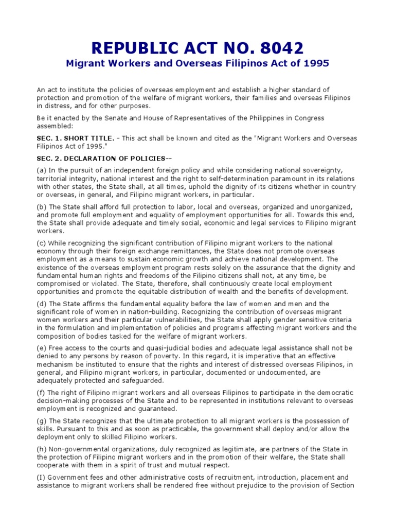 Republic Act No. 8042 | PDF | Migrant Worker | Legal Aid
