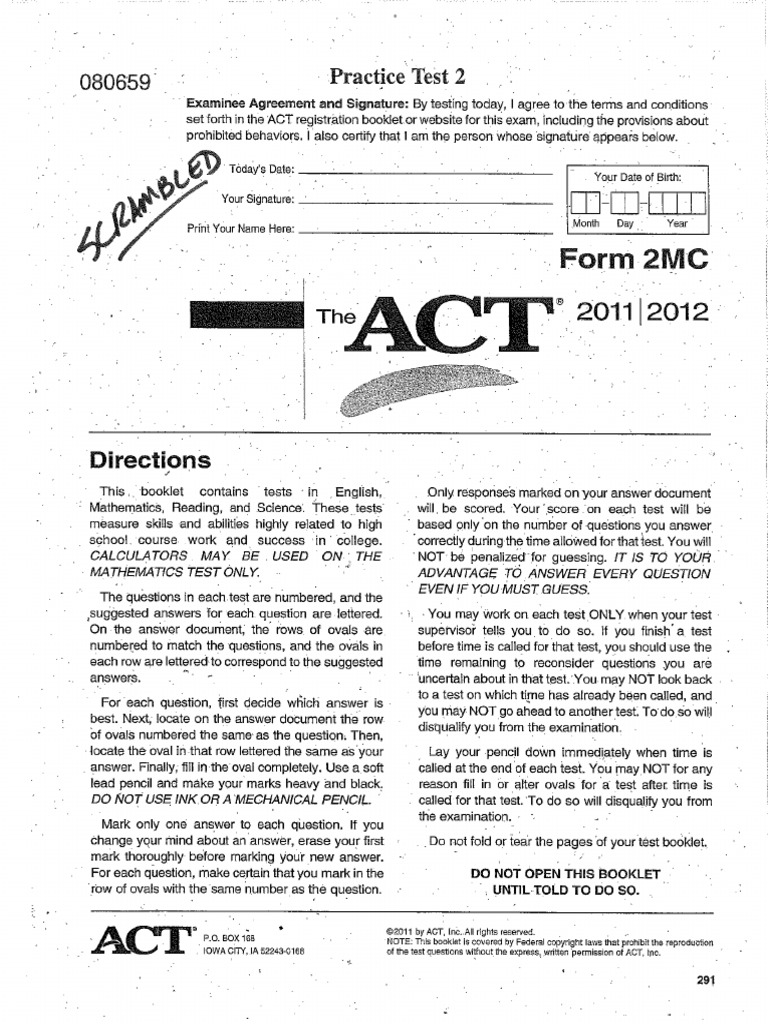 ACT (Real) Practice Test (Form 2MC) 11-12 | PDF
