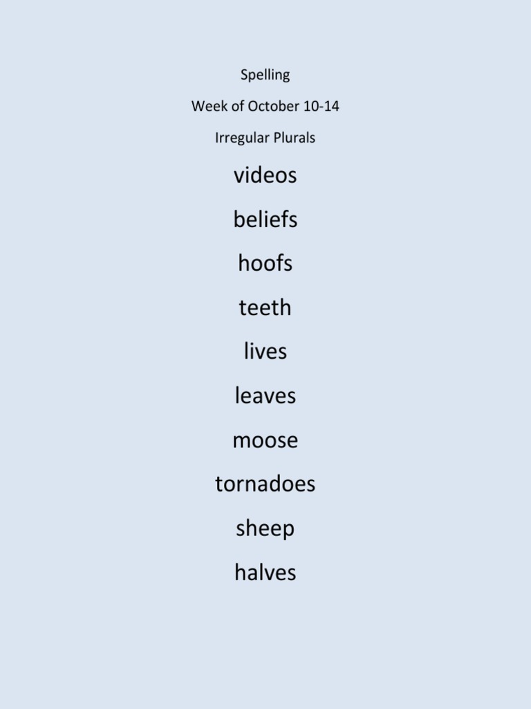Irregular Plurals Spelling List | PDF