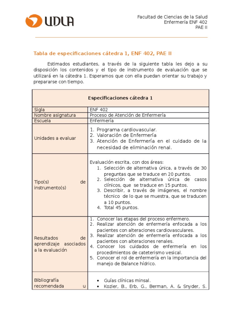 Tabla de Especificacion PAE II | PDF