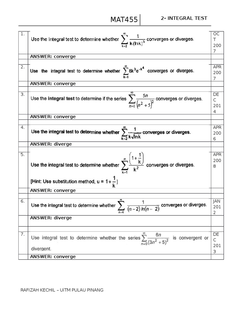 Mat455-Tutorial 8 (Integral Test) | PDF