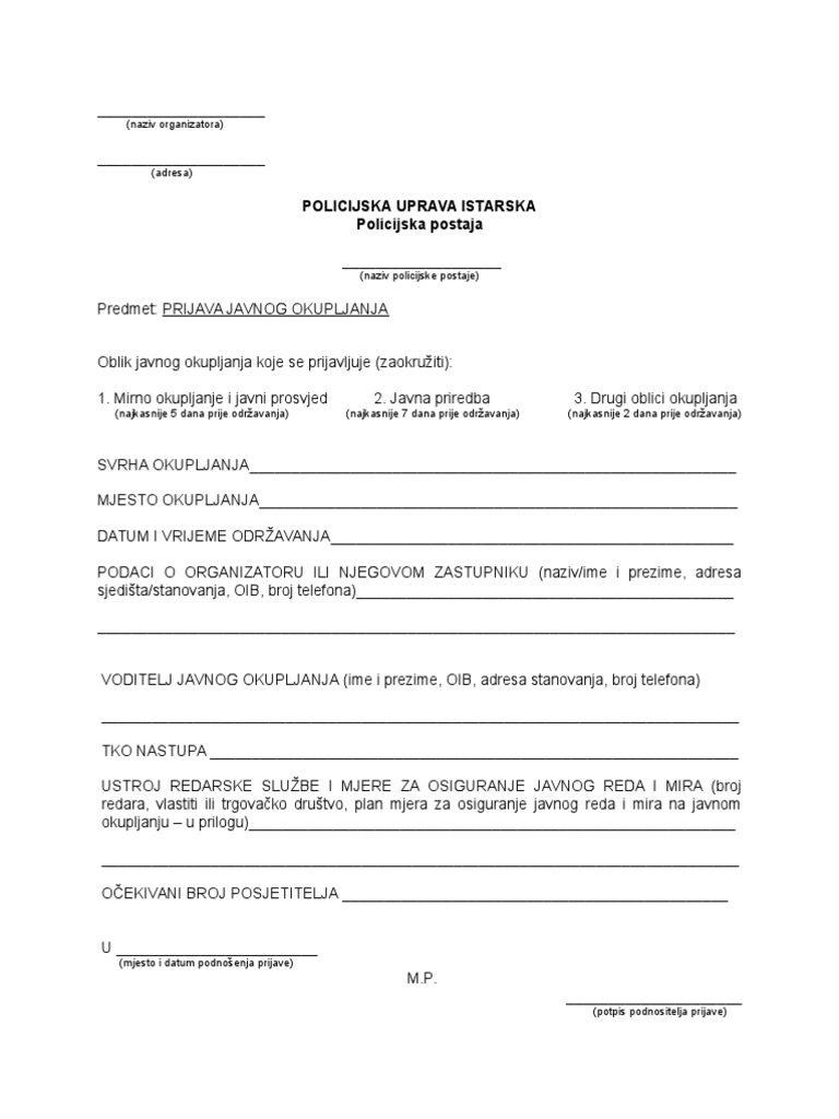 Obrazac Javno Okupljanje | PDF