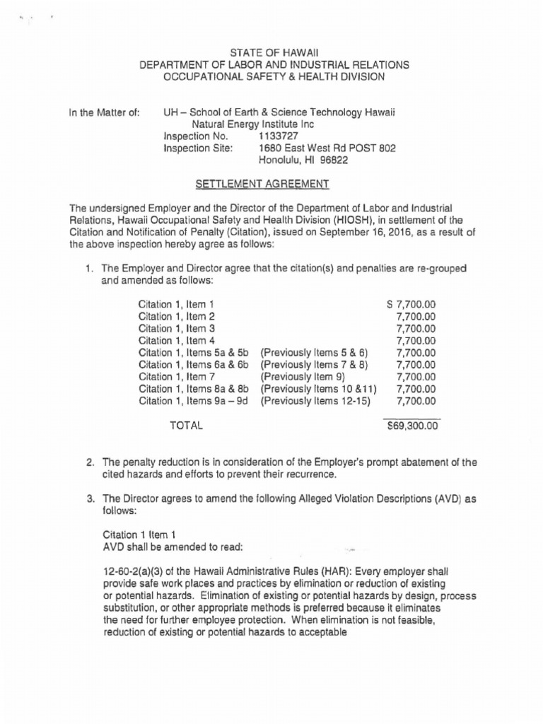 Settlement Agreement (HIOSH) | Download Free PDF | Laboratories | Safety