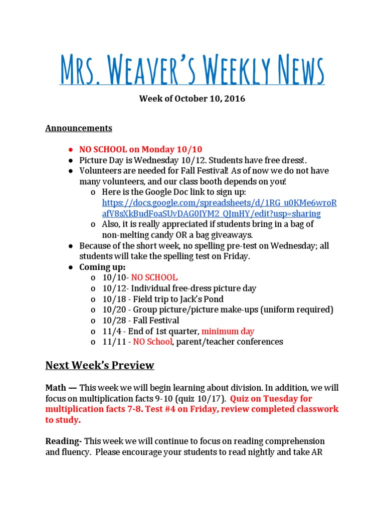 Mrs. Weaver's Weekly News: Next Week's Preview | PDF | Language Arts ...