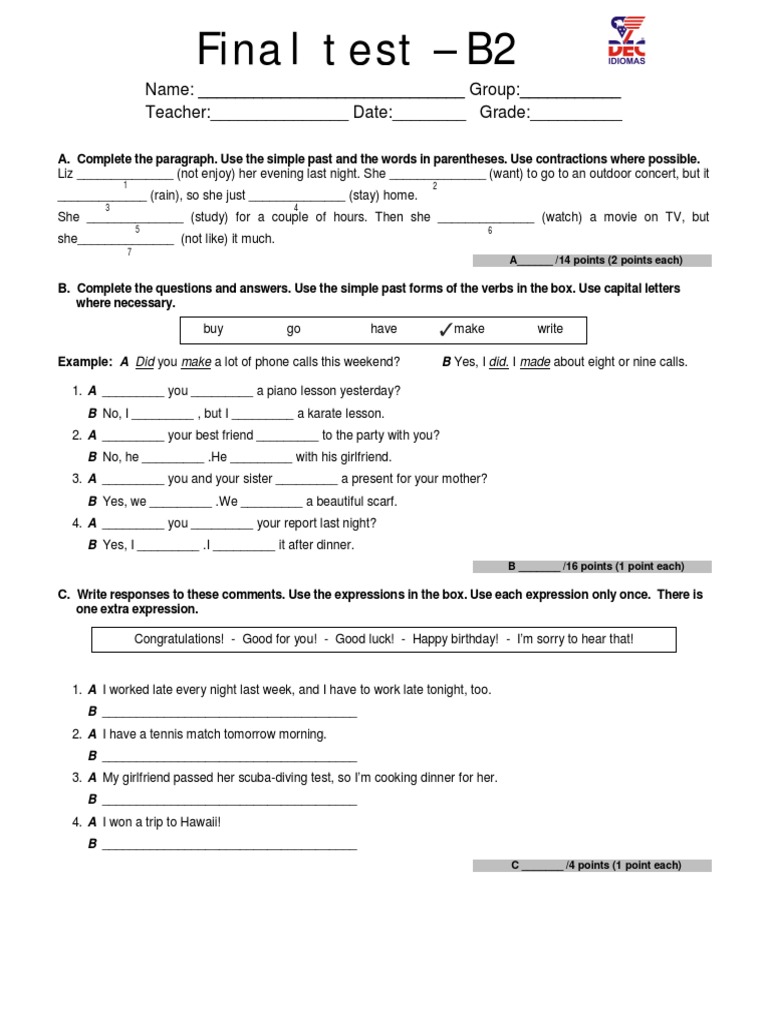 B2 Final Written Test Overview | PDF