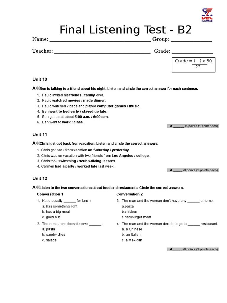 B2 Listening Test: Final Assessment | PDF