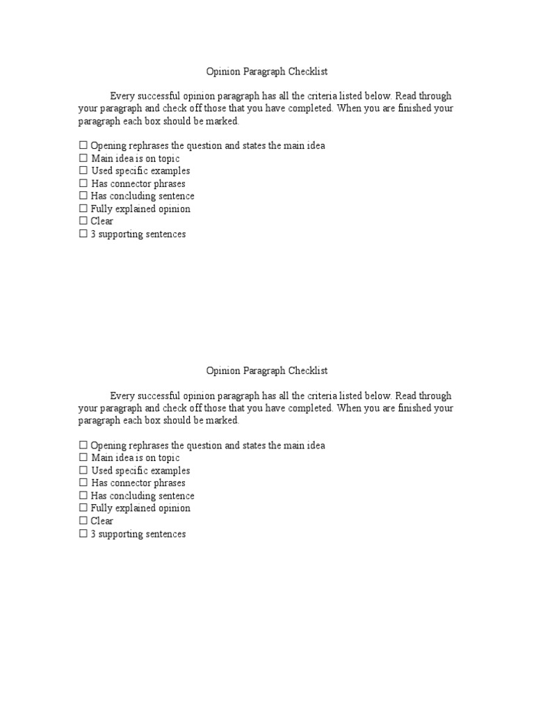 Opinion Paragraph Checklist | PDF