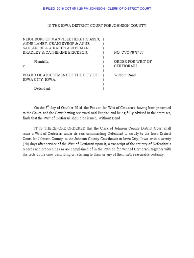 Kinnick House - Writ of Certiorari | Download Free PDF | Writ | Certiorari