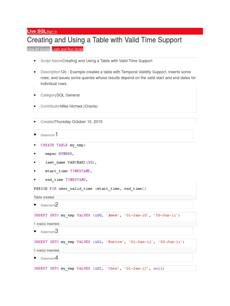 Creating and Using A Table With Valid Time Support: Live SQL | PDF | Information Retrieval ...