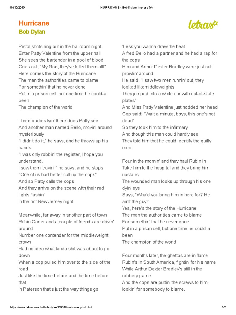 HURRICANE - Bob Dylan (Impressão) | PDF | Violence | Crime Thriller