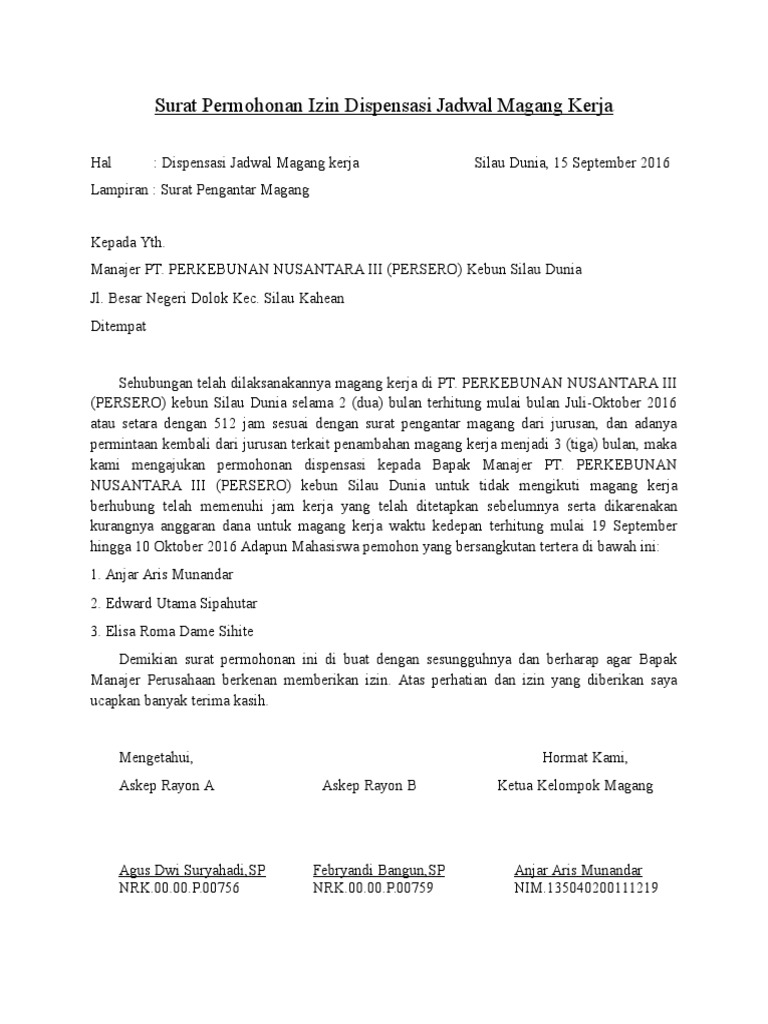 Surat Permohonan Izin Jadwal Magang | PDF